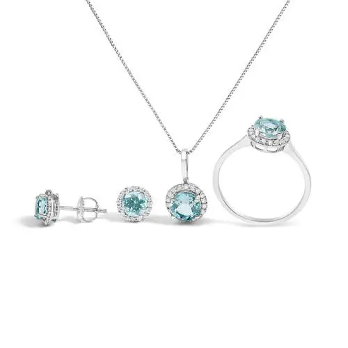 HAUS OF BRILLIANCE 10k Gold Gemstone And Diamond Halo Jewelry Set - White | Blue Aquamarine